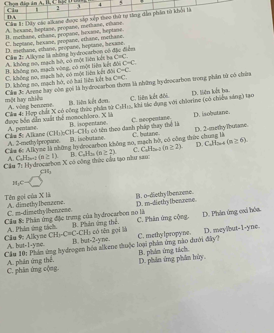 Giải quyết:Dãy A. hexane, heptane, propane, methane, etha B. methane ...