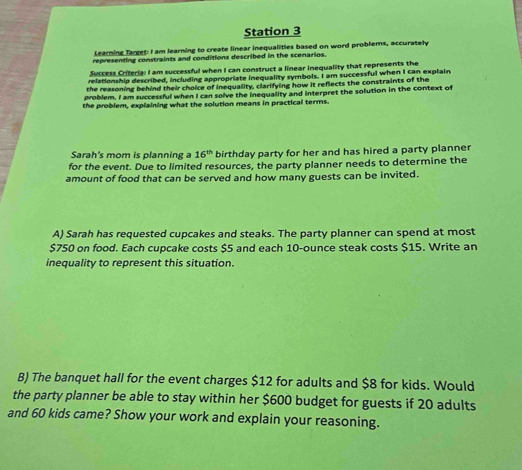 Solved: Station 3 Learning Target: I am learning to create linear ...