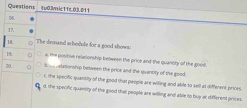 Solved: Questions tu03mic11t.03.011 16. 17. 18. The demand schedule for ...
