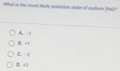 Solved: What is the most likely oxidation state of sodium (Na)? A. -1 B ...
