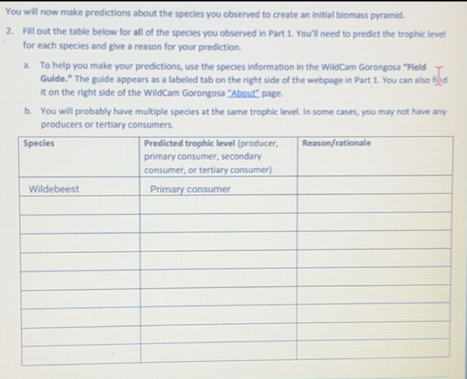 Solved: You will now make predictions about the species you observed to ...