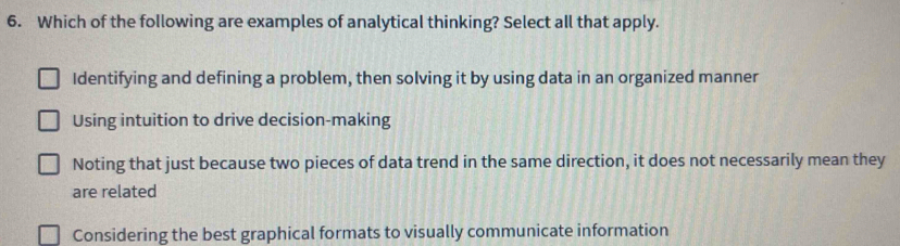 Solved: Which of the following are examples of analytical thinking? Select all that apply ...