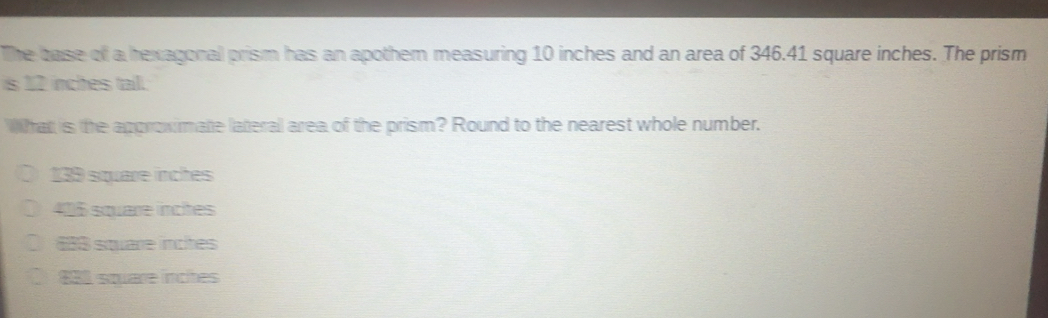 Solved: The base of a hexagonal prism has an apothem measuring 10 ...