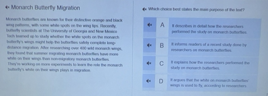 Solved: Monarch Butterfly Migration Which choice best states the main ...