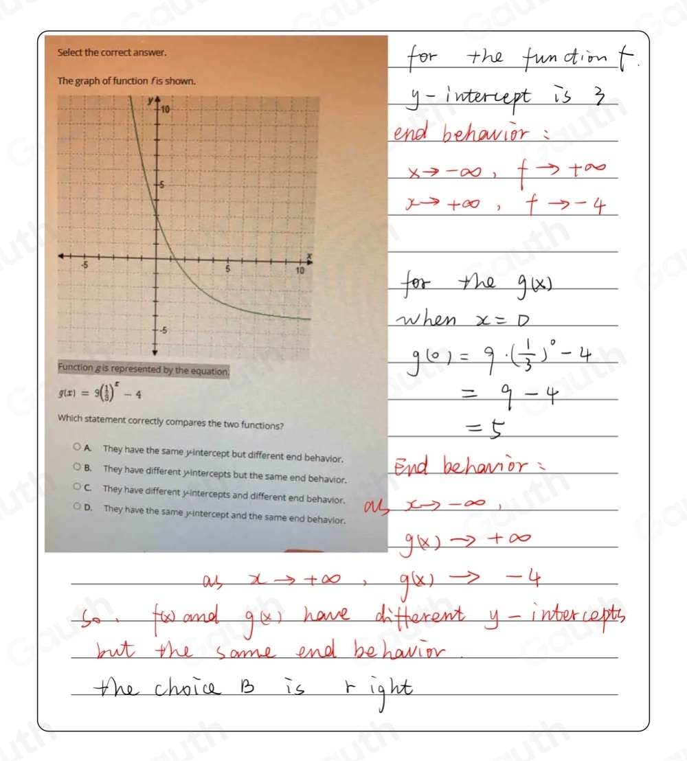 Solved: The graph of function f is shown. ted by the equation. g(x)=9( 1/3 )^x-4 Which statement ...
