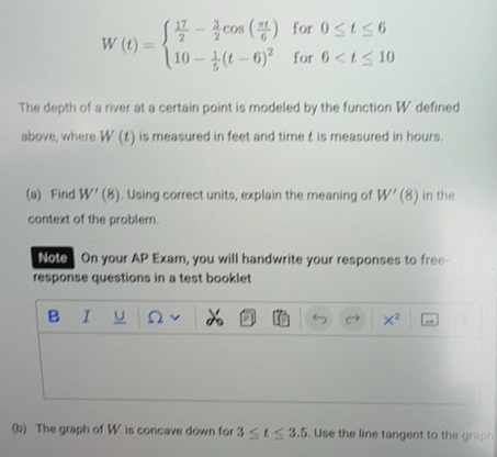 Resuelto:W(t)=beginarrayl 17/2 - 3/2 cos ( π t/6 )for0≤ t≤ 6 10- 1/5 (t ...