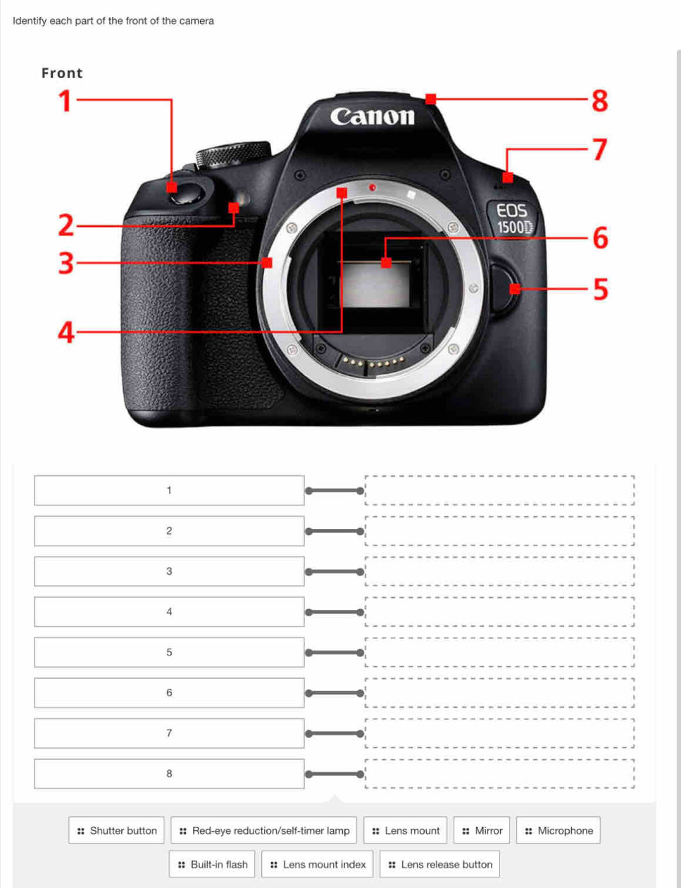 Solved: Identify each part of the front of the camera 1 2 3 4 5 6 7 8 ...