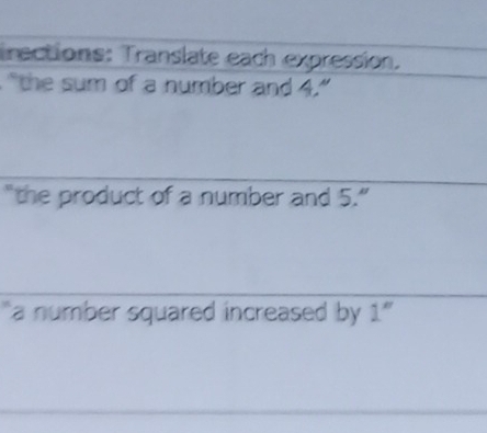 Solved: Trections: Translate each expression. "the sum of a number and 4." "the product of a num ...