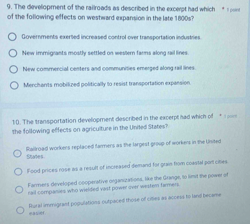 Solved: The development of the railroads as described in the excerpt ...