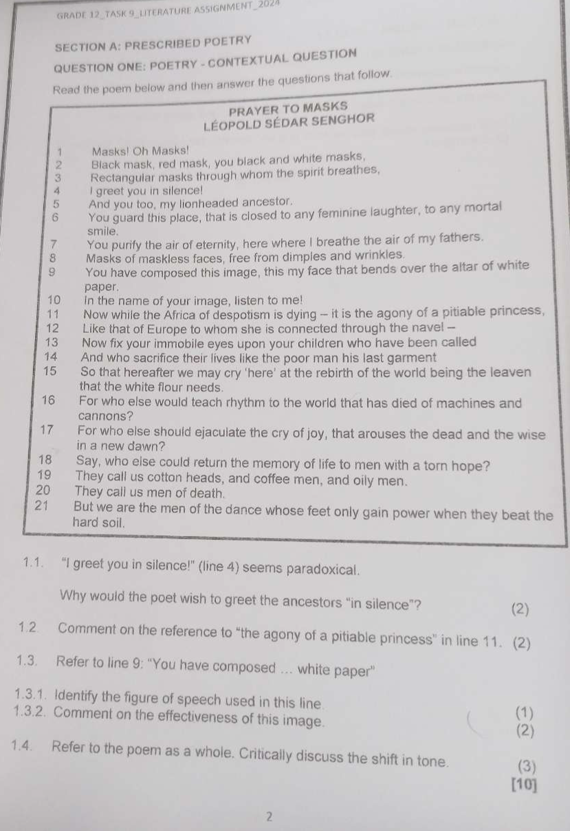 Solved: GRADE 12_TASK 9_LITERATURE ASSIGNMENT_2024 SECTION A ...