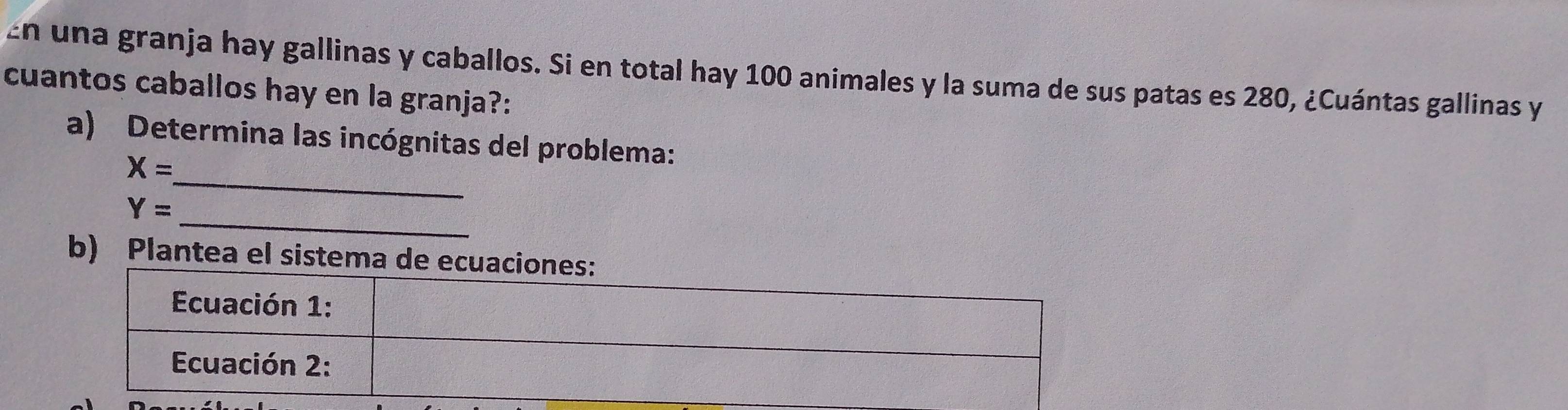 Resuelto:En una granja hay gallinas y caballos. Si en total hay 100 animales y la suma de sus patas