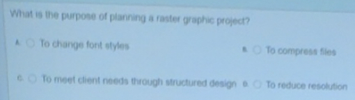 Solved: What is the purpose of planning a raster graphic project? A. To ...