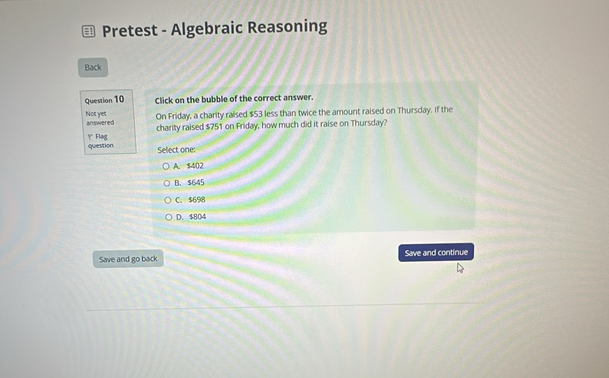 Solved: Pretest - Algebraic Reasoning Back Question 10 Click on the ...