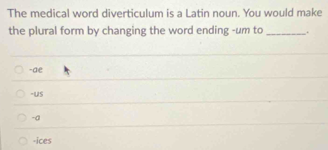 Solved: The medical word diverticulum is a Latin noun. You would make ...