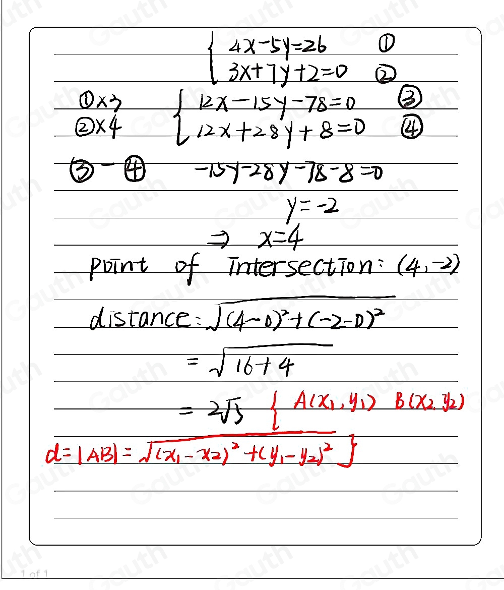 Solved: How far is the intersection of the lines 4x-5y=26 and 3x+7y+2=0 from the origin. [Math]