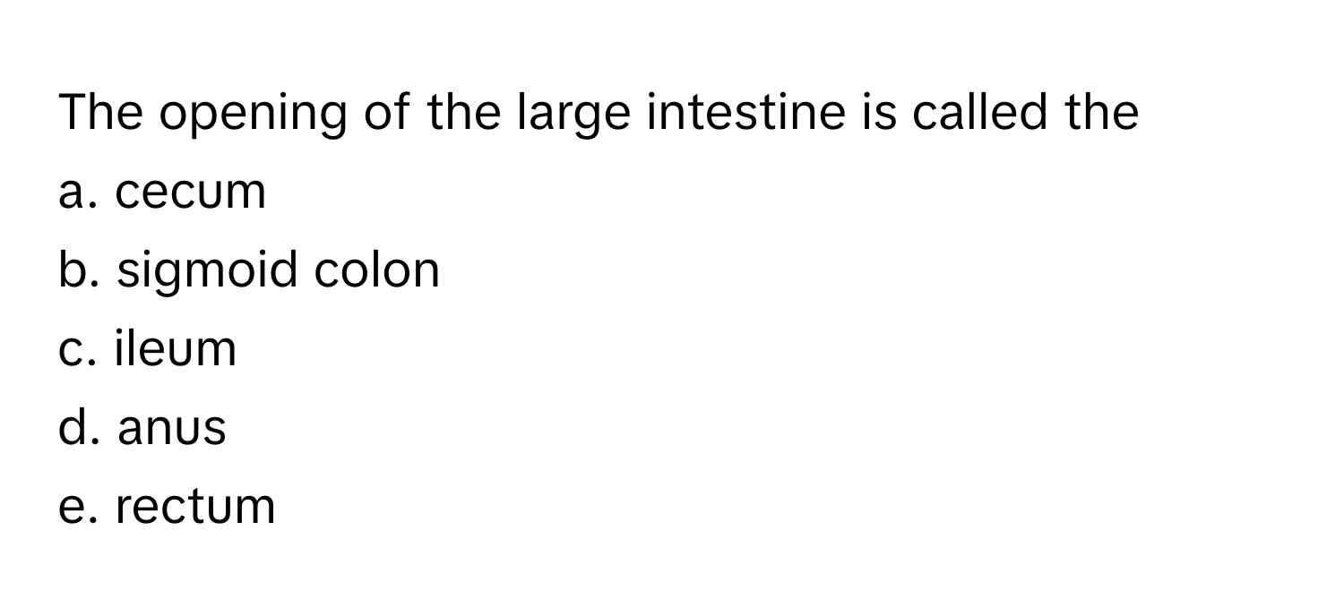 Solved: The opening of the large intestine is called the a. cecum b ...
