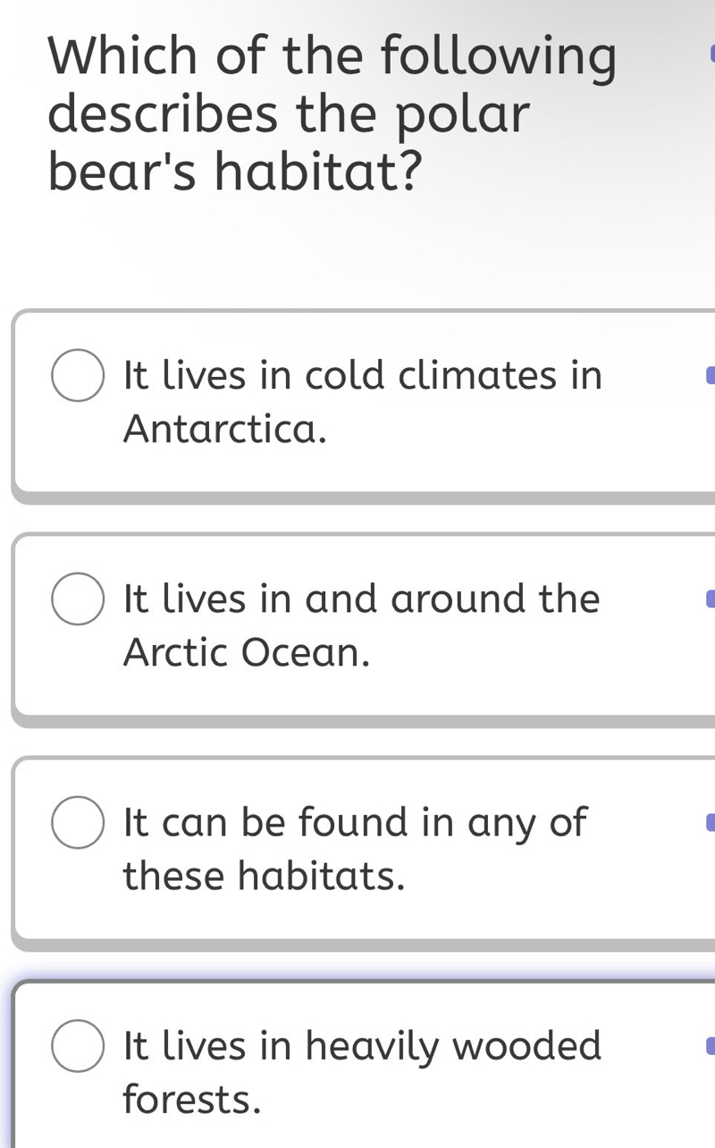 Solved: Which of the following describes the polar bear's habitat? It ...