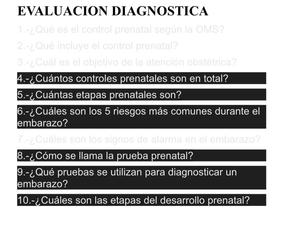 Resuelto:EVALUACION DIAGNOSTICA 1.-¿Qué es el control prenatal según la ...