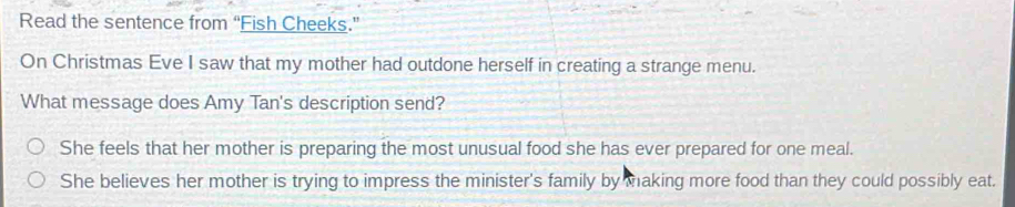 Solved: Read the sentence from “Fish Cheeks.” On Christmas Eve I saw ...