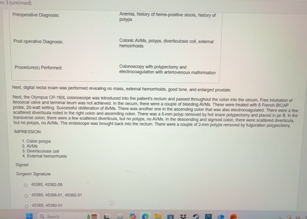 Solved: 3 (untimed) Preoperative Diagnosis: Anemia, history of heme ...