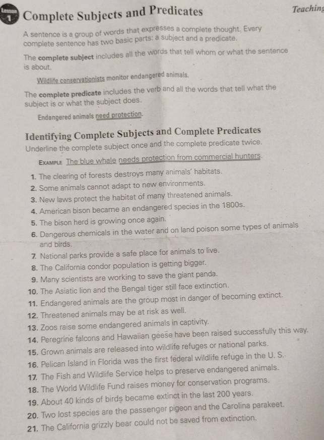 Solved: Complete Subjects and Predicates Teachin A sentence is a group ...