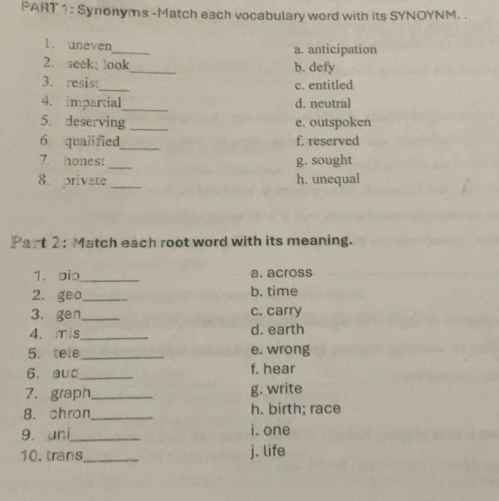 Solved: Synonyms -Match each vocabulary word with its SYNOYNM. . _ 1 ...