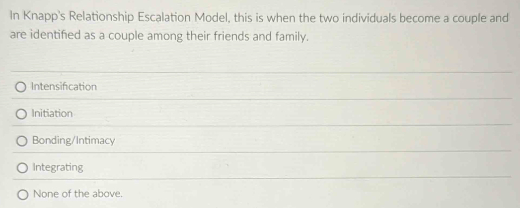 Solved: In Knapp's Relationship Escalation Model, this is when the two ...