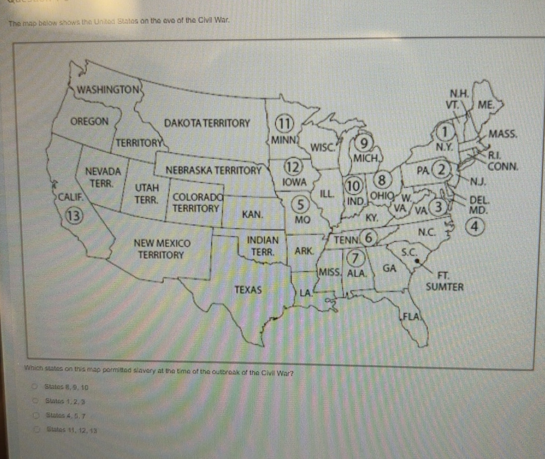 Solved: The map below shows the United States on the eve of the Civil ...
