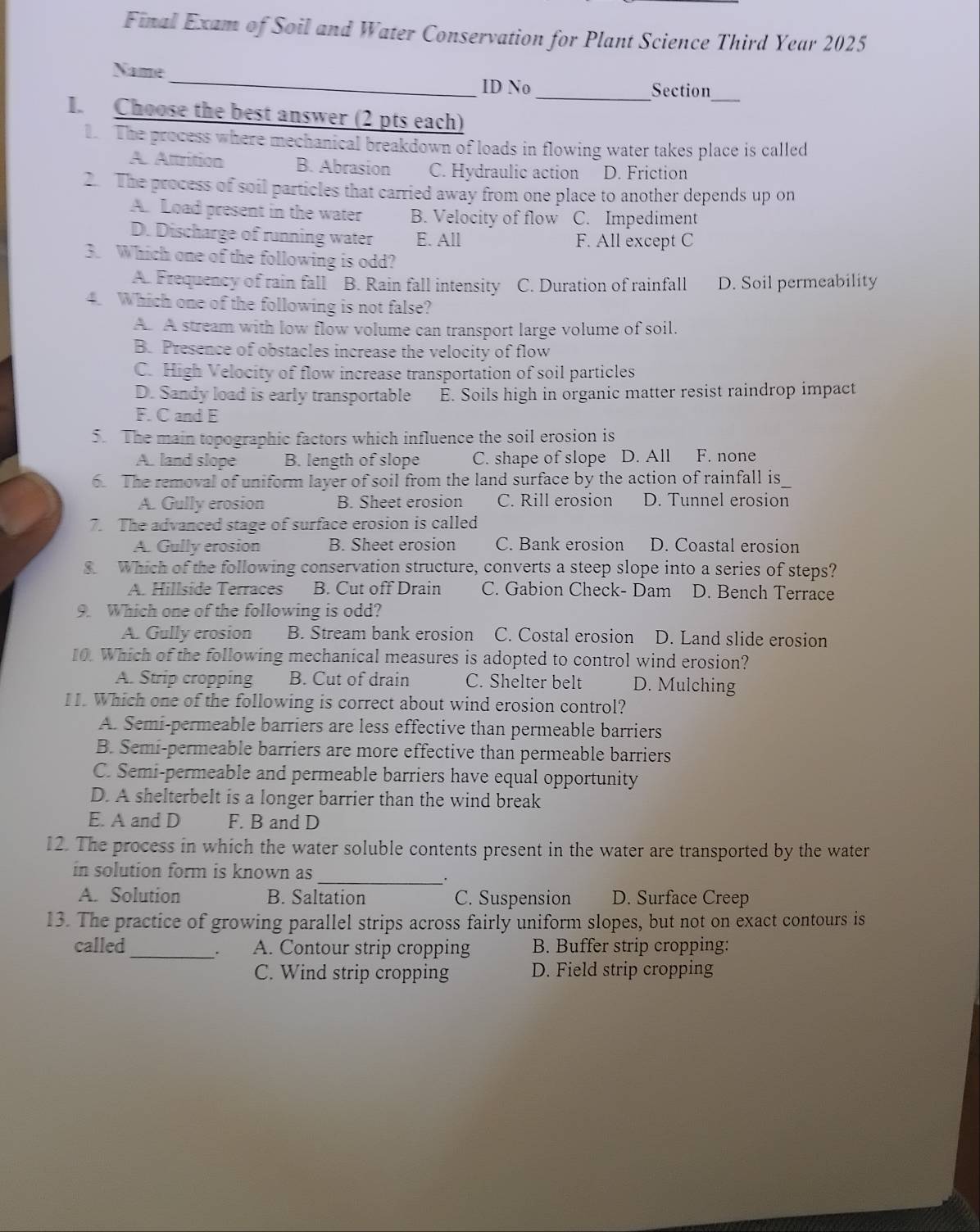 Gelöst:Final Exam of Soil and Water Conservation for Plant Science ...