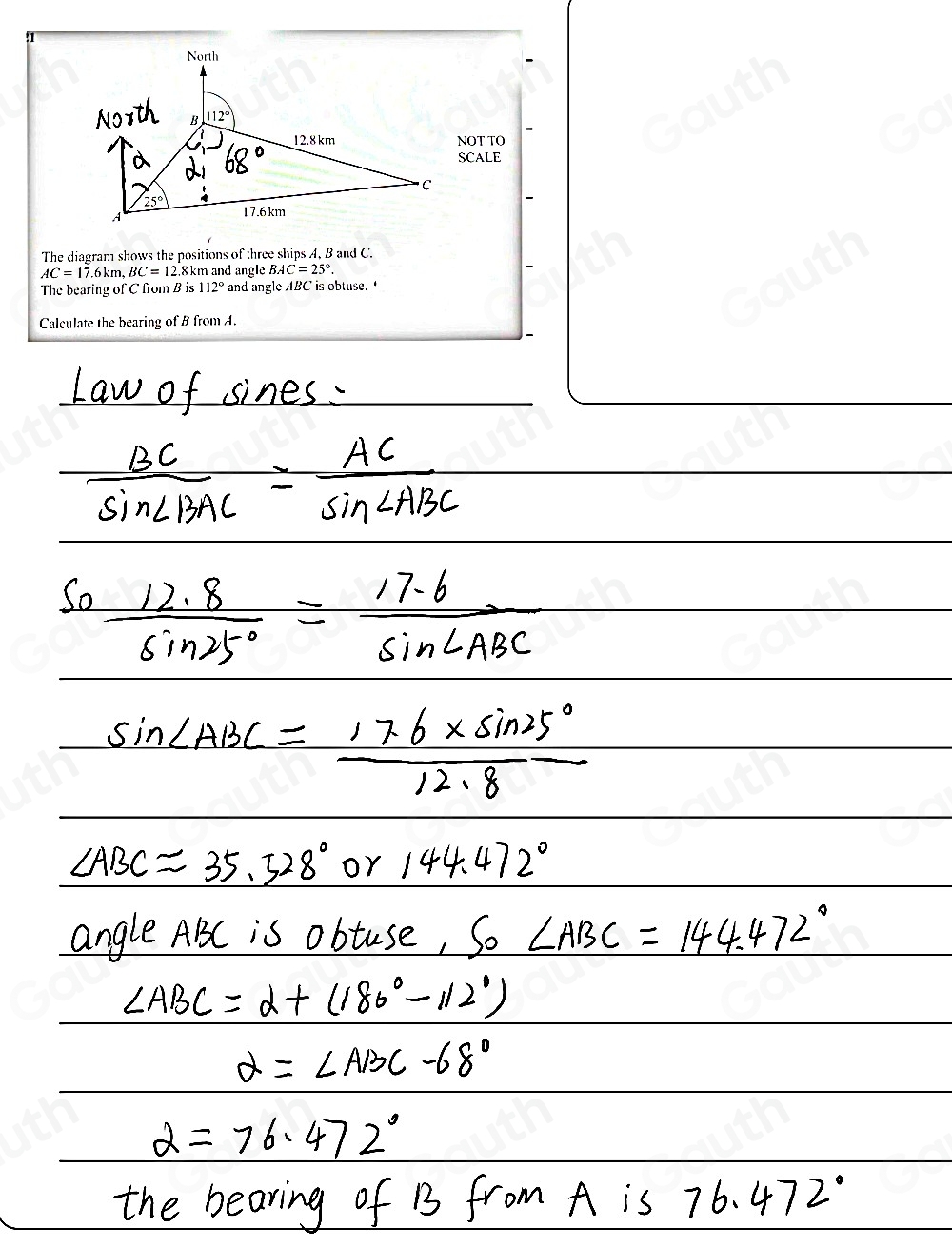 Selesai:NOT TO SCALE The diagram shows the positions of three ships A ...