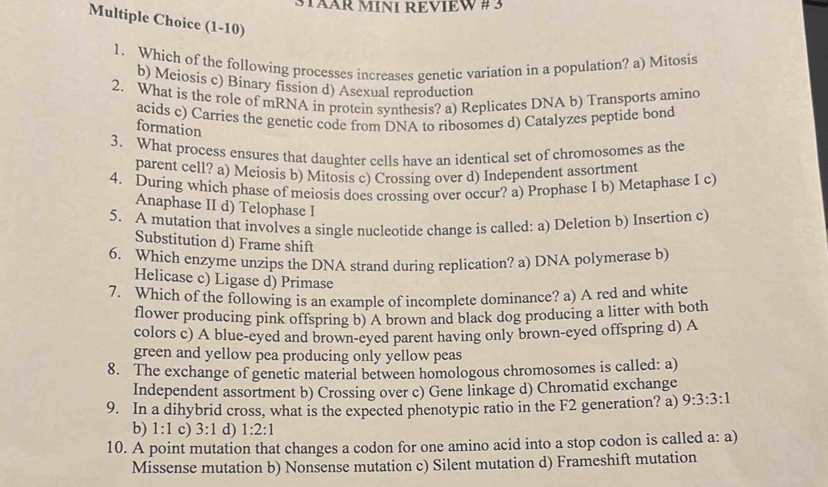 Solved: STÃÃR MINI REVIEW # S Multiple Choice (1-10) 1. Which of the ...