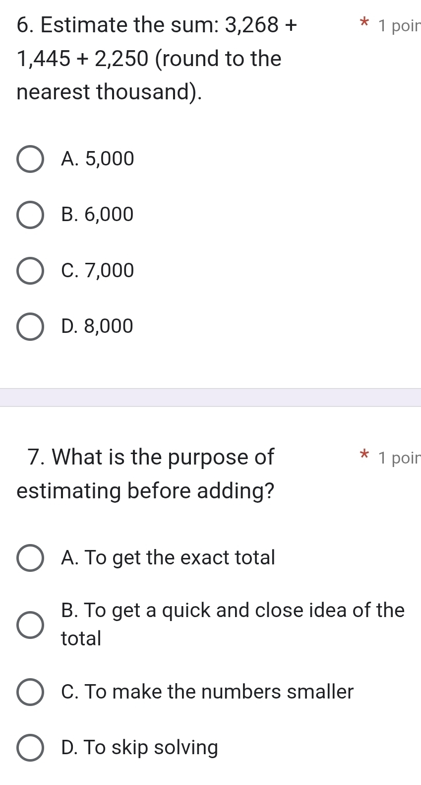 Solved: Estimate the sum: 3,268+ 1 poir 1,445+2,250 (round to the ...
