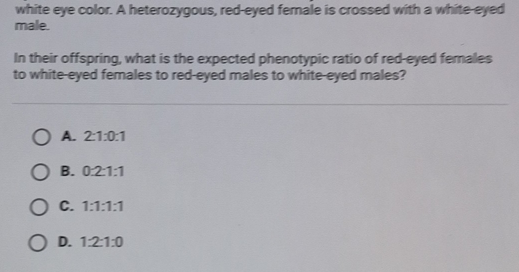 Solved: white eye color. A heterozygous, red-eyed ferale is crossed ...