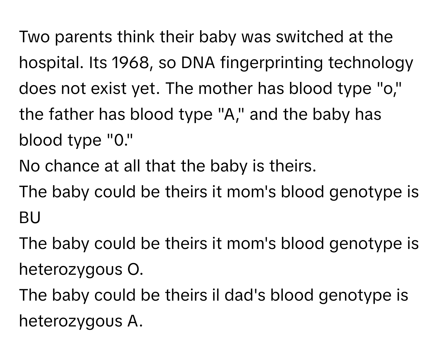 Solved: Two parents think their baby was switched at the hospital. Its ...