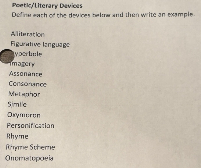 Solved: Poetic/Literary Devices Define each of the devices below and ...
