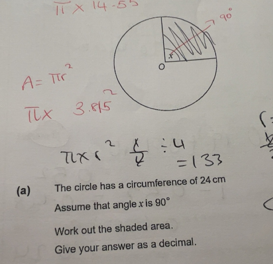 Solved: The circle has a circumference of 24cm Assume that angle x is ...
