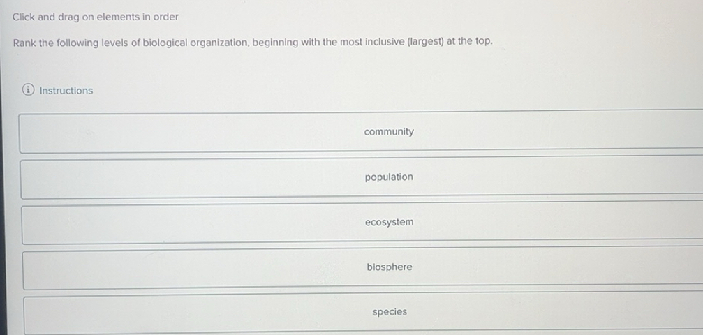 Solved: Click and drag on elements in order Rank the following levels of biological organization ...