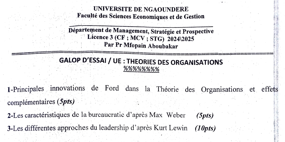 Solved: UNIVERSITE DE NGAOUNDERE Faculté des Sciences Economiques et de ...