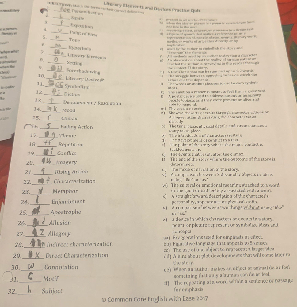 Solved: Literary Elements and Devices Practice Quiz DIRECTIONS: Match ...
