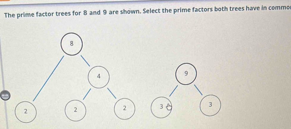 Solved: The prime factor trees for 8 and 9 are shown. Select the prime ...