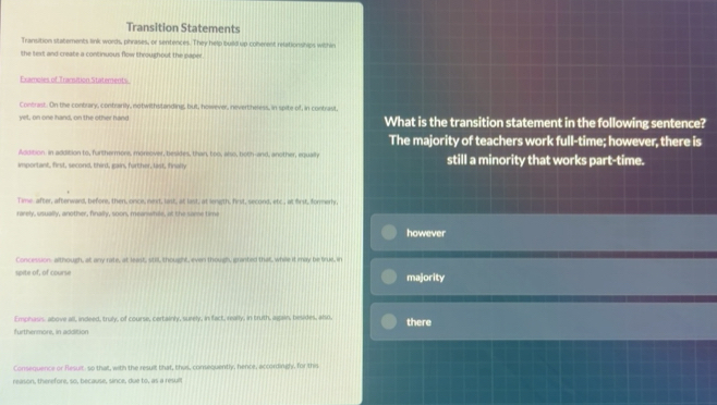 Solved: Transition Statements Transition statements link words, phrases ...