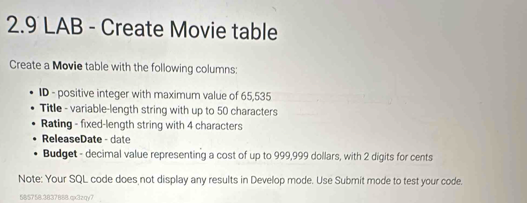 Solved: 2.9 LAB - Create Movie table Create a Movie table with the following columns: ID - posit ...
