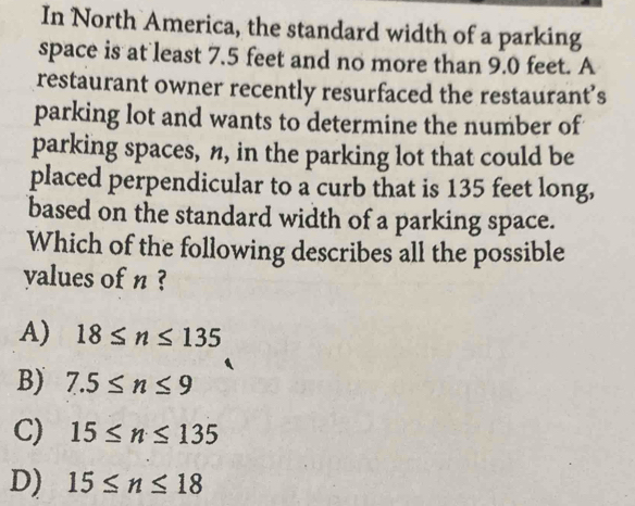 Solved: In North America, the standard width of a parking space is at ...