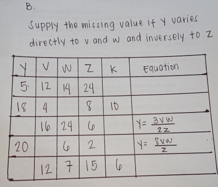 Solved: supply the missing value if y varies directly to v and w and ...