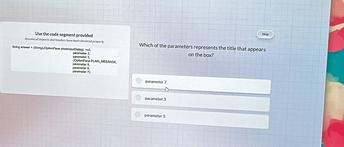 Solved: Use the code segment provided Skip Assume all imports and ...