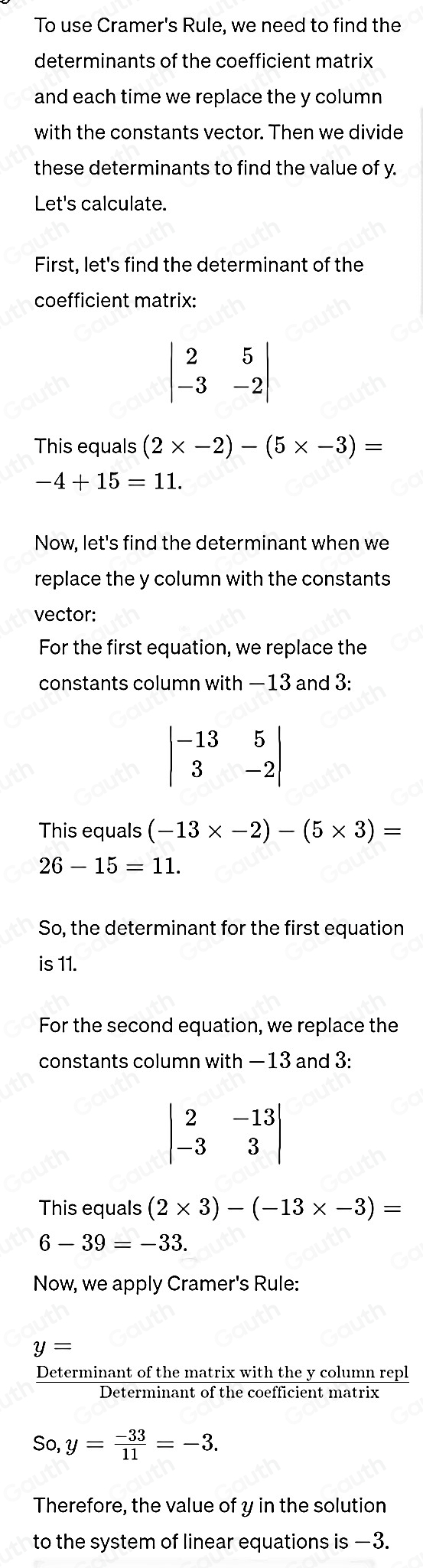 Solved: Using Cramer's Rule, what is the value of y in the solution to ...