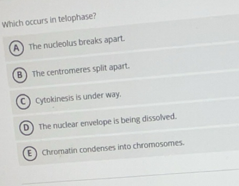 Solved: Which occurs in telophase? A The nucleolus breaks apart. B ...