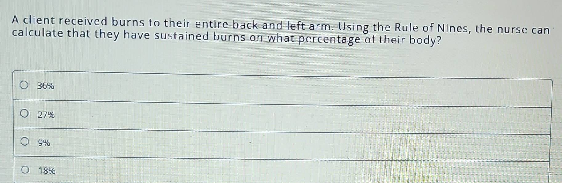 Solved: A client received burns to their entire back and left arm ...