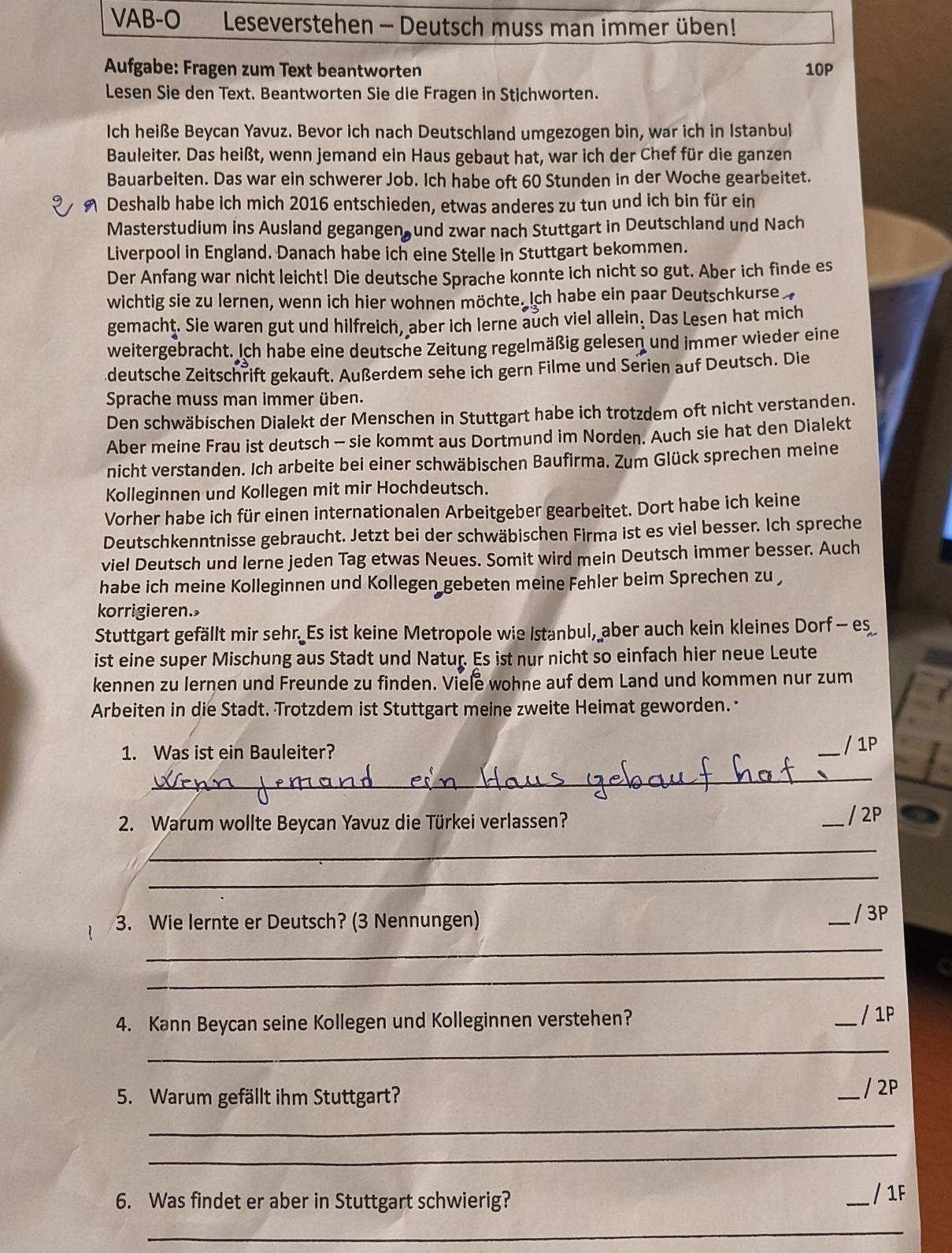 Gelöst:VAB-O Leseverstehen - Deutsch muss man immer üben! Aufgabe ...
