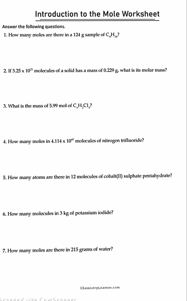 Solved: Introduction to the Mole Worksheet Answer the following ...
